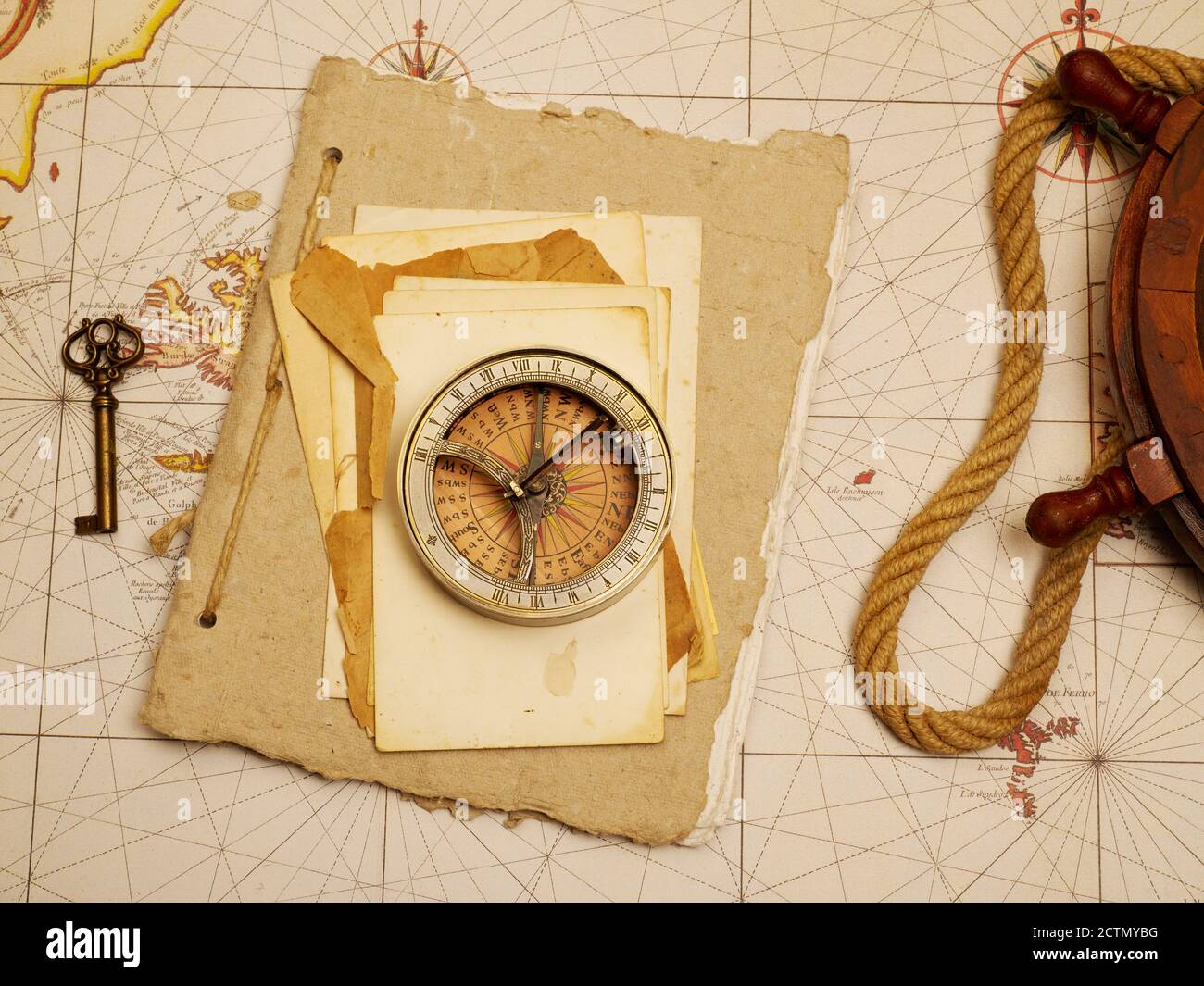 Compass, letters and old map from XVIII century Stock Photo - Alamy