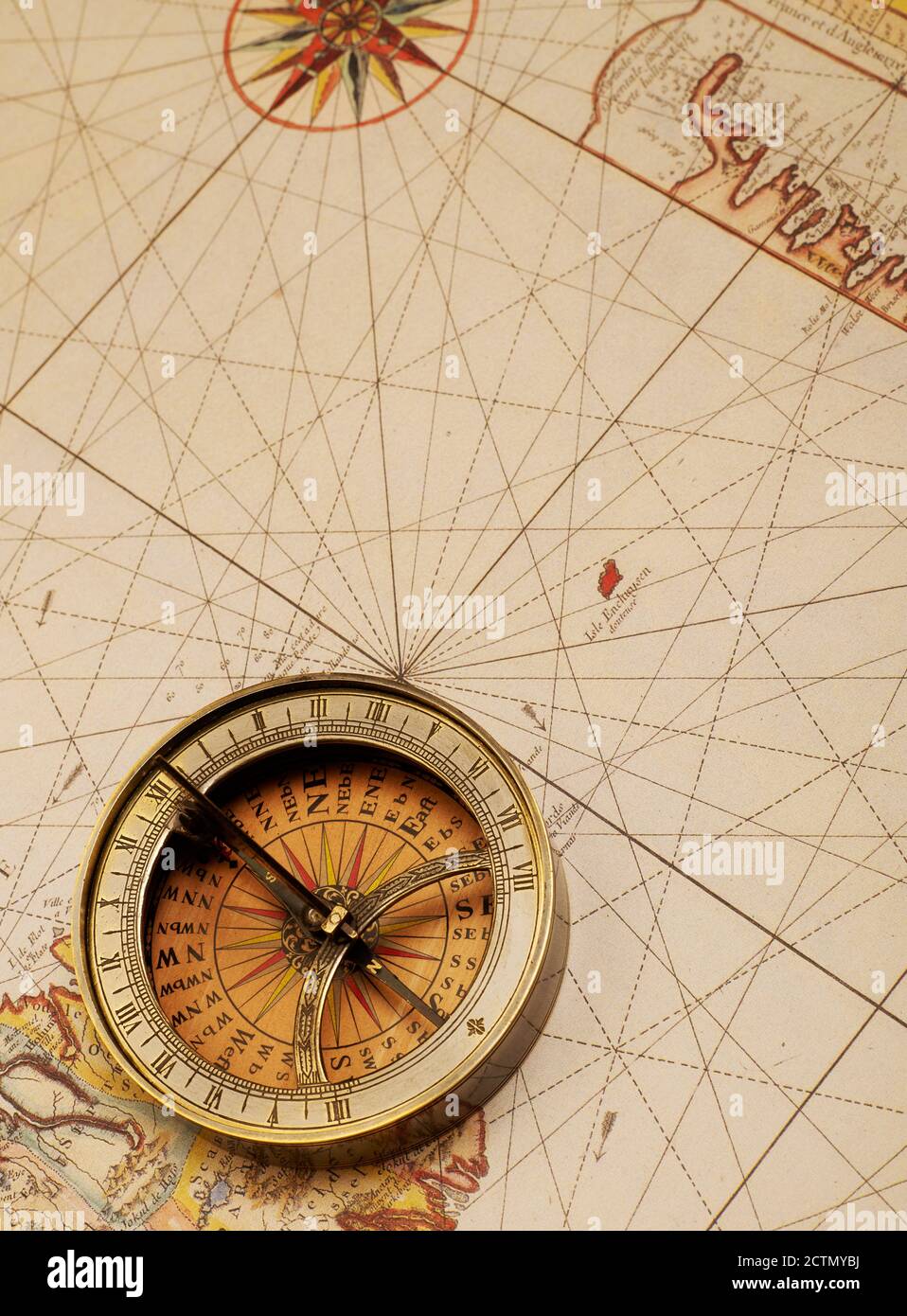 Compass and old map from XVIII century Stock Photo - Alamy