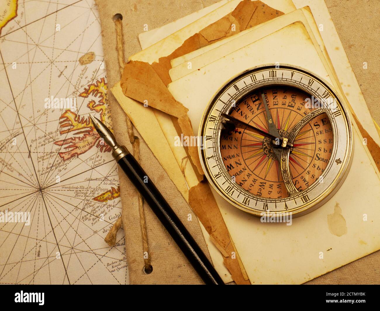 Compass, letters and old map from XVIII century Stock Photo - Alamy