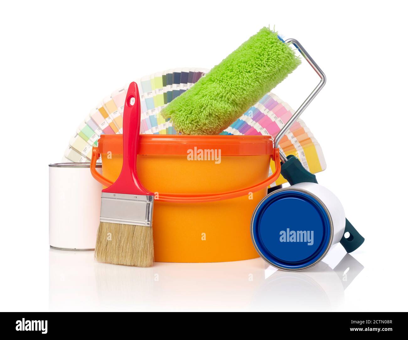 Paint cans, paint brush and color chart Stock Photo - Alamy