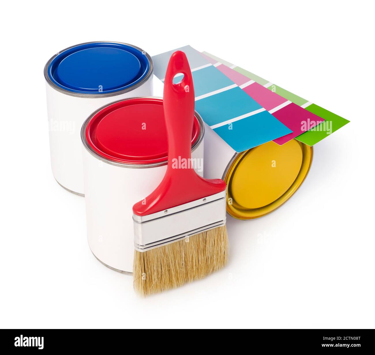 Paint cans, paint brush and color chart Stock Photo - Alamy