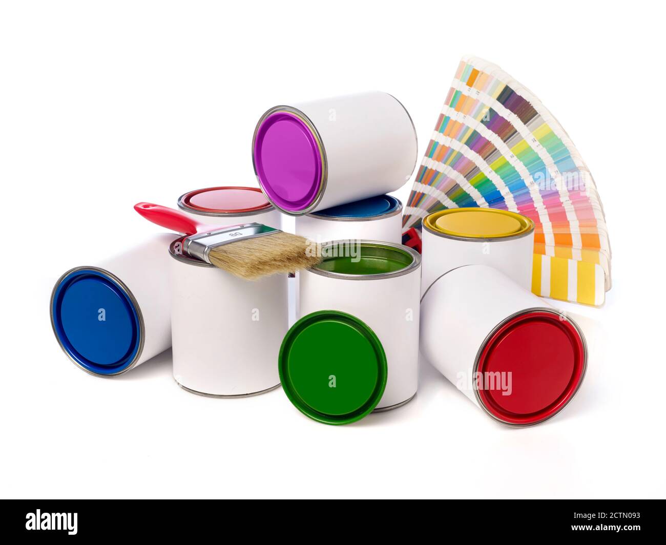 Paint cans, paint brush and color swatch Stock Photo - Alamy