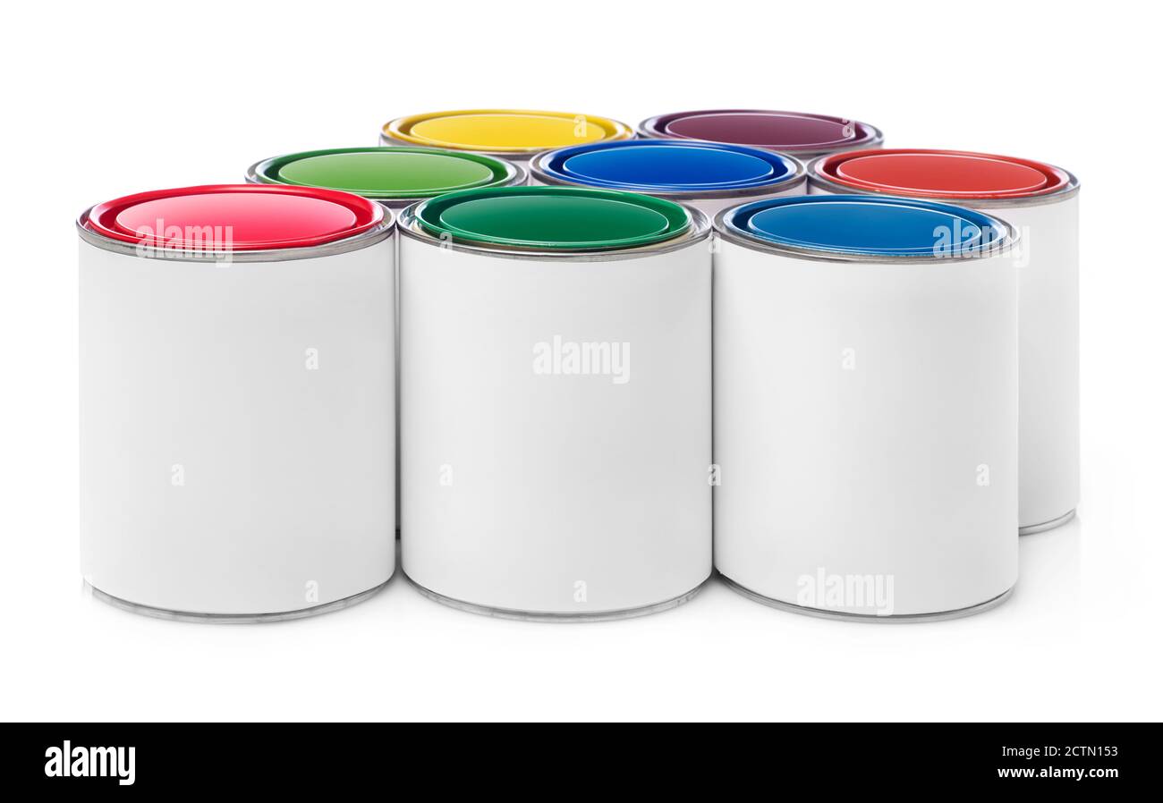 Multi-colored paint cans isolated on white Stock Photo - Alamy