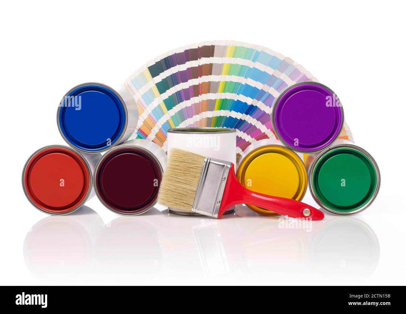 Paint cans, paint brush and color swatch isolated on white Stock Photo ...