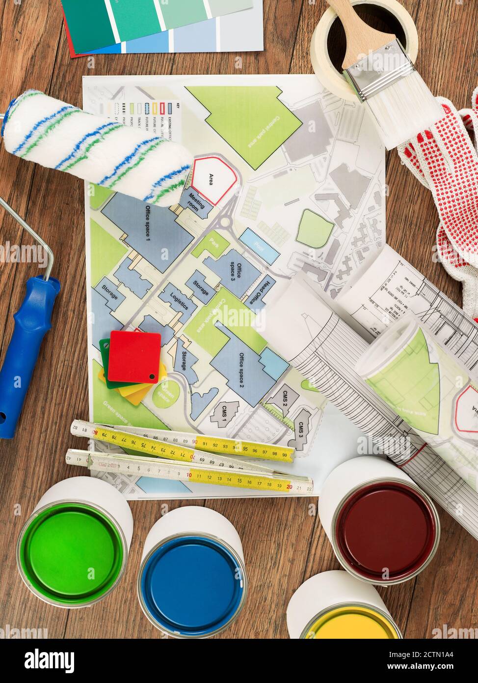 Painting tools and blueprint Stock Photo - Alamy