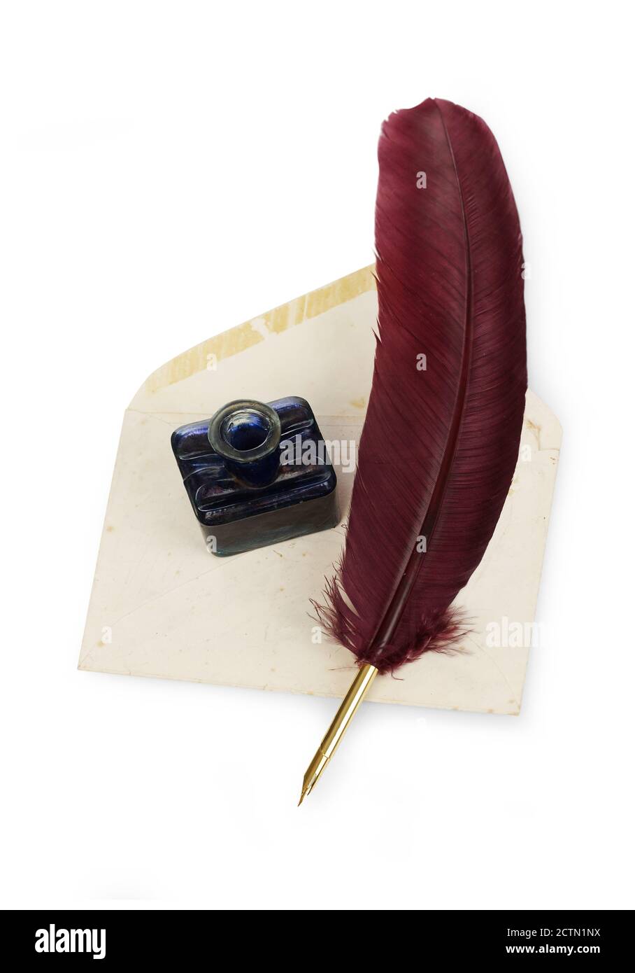 Calligraphy quill, letter and ink well isolated on white Stock Photo ...