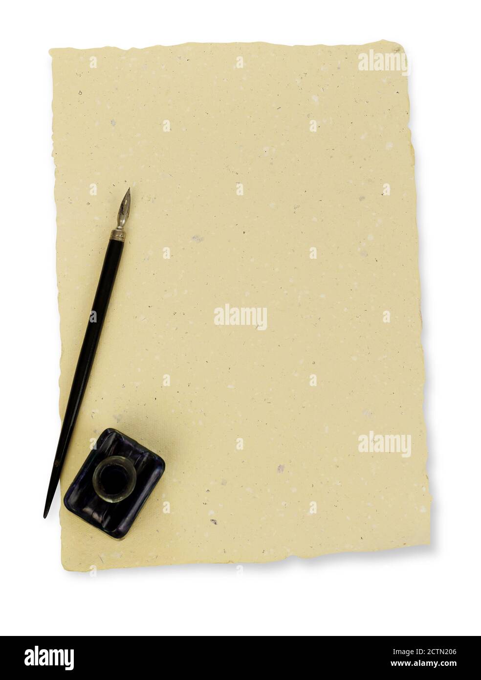 Writing pen, manuscript and ink well isolated on white Stock Photo - Alamy