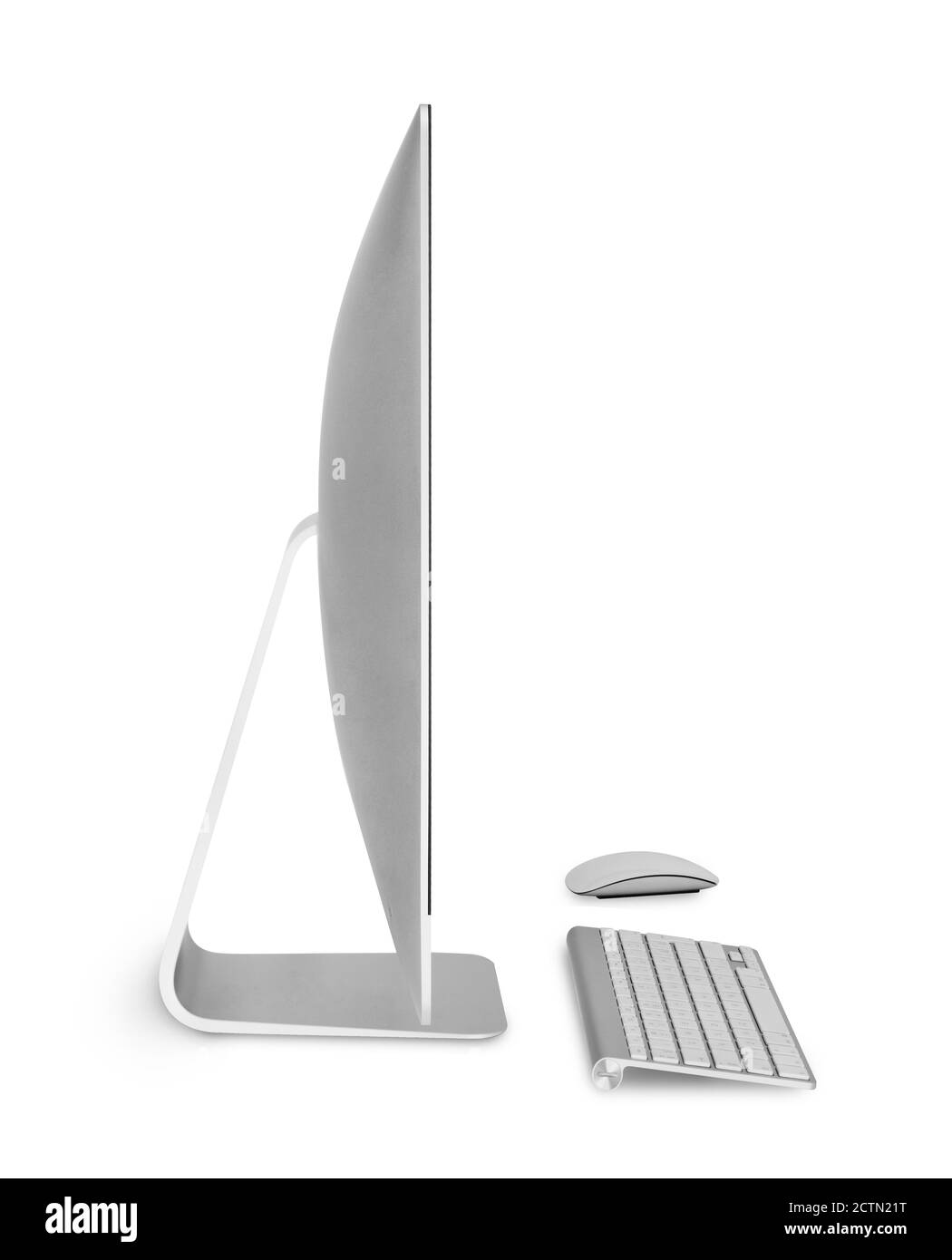 Computer monitor with keyboard and mouse, side view, isolated on white ...
