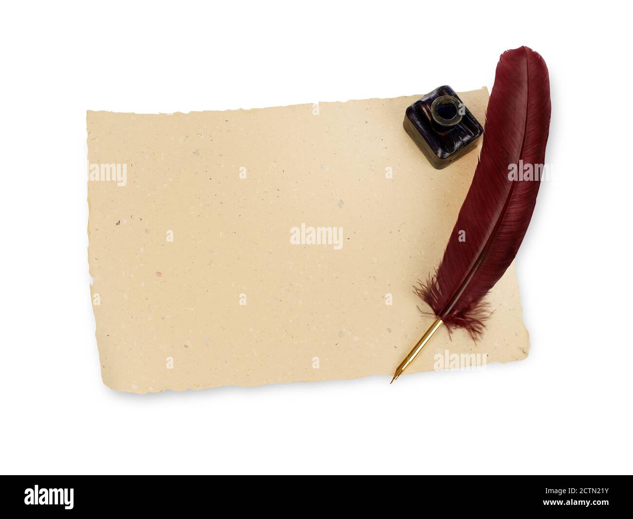 Quill, manuscript and ink well isolated on white Stock Photo - Alamy