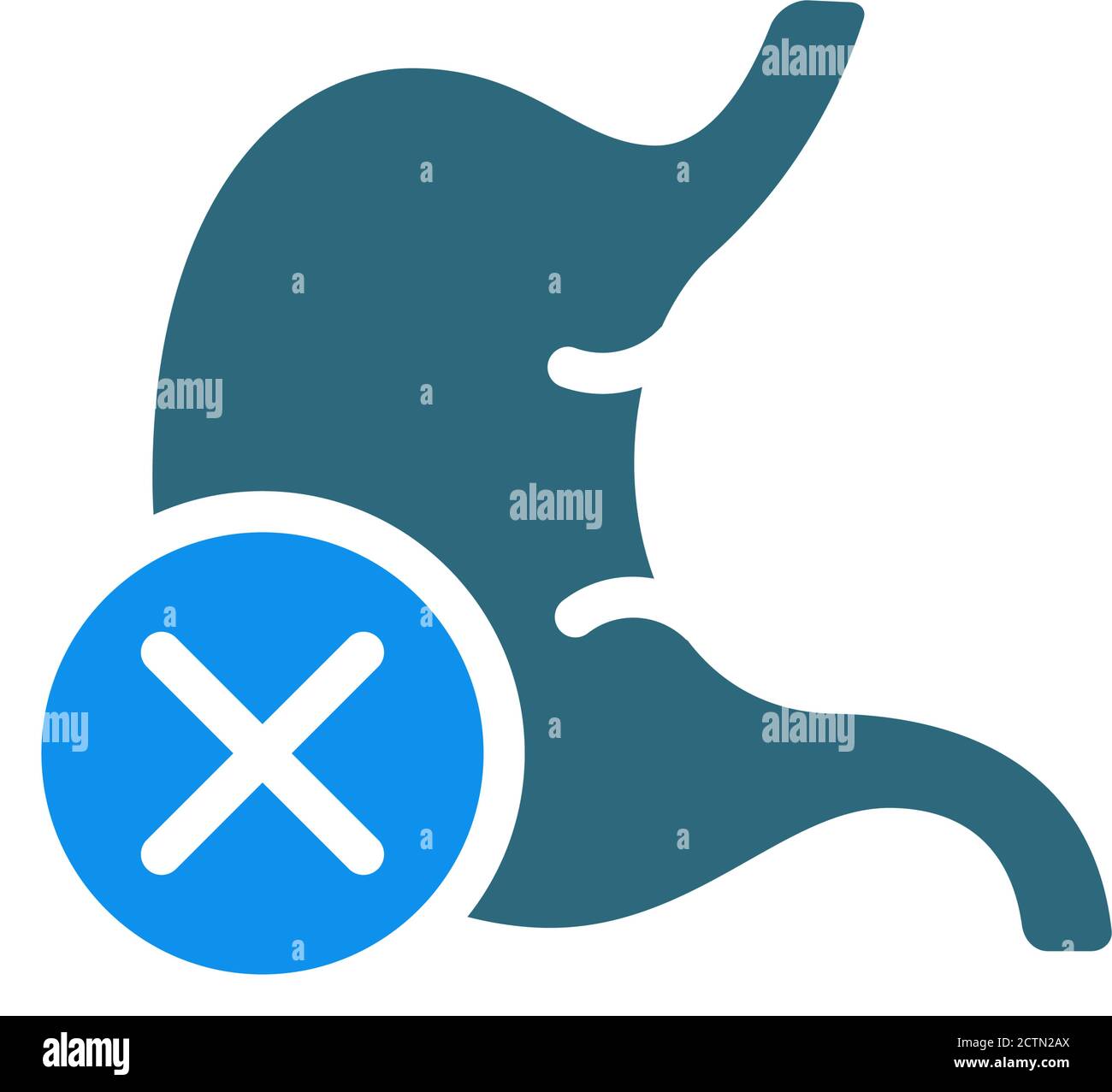 Stomach with cross checkmark colored icon. Diseased internal organ ...