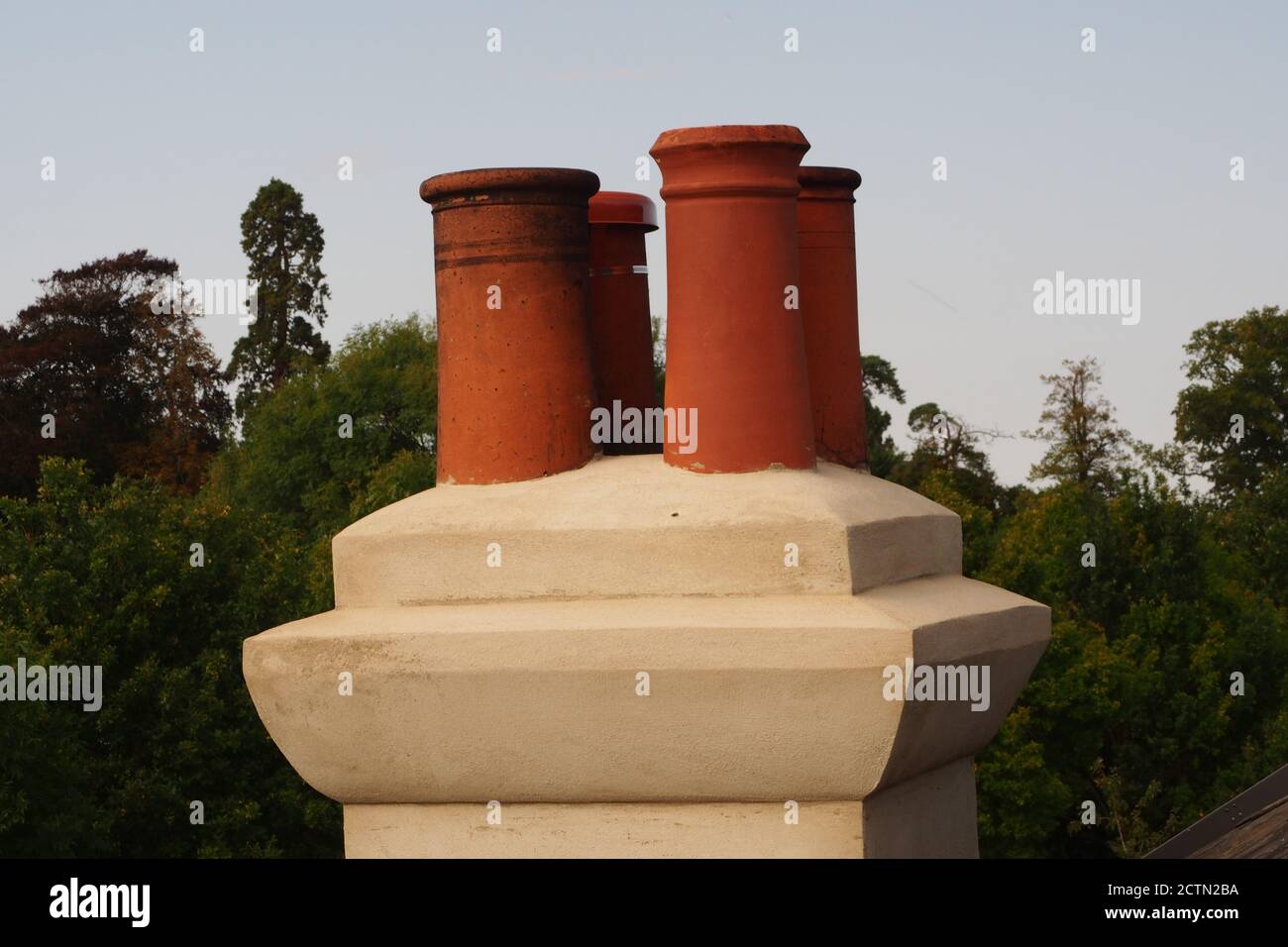 A close up view of a newly renovated house chimney stack, braced ...