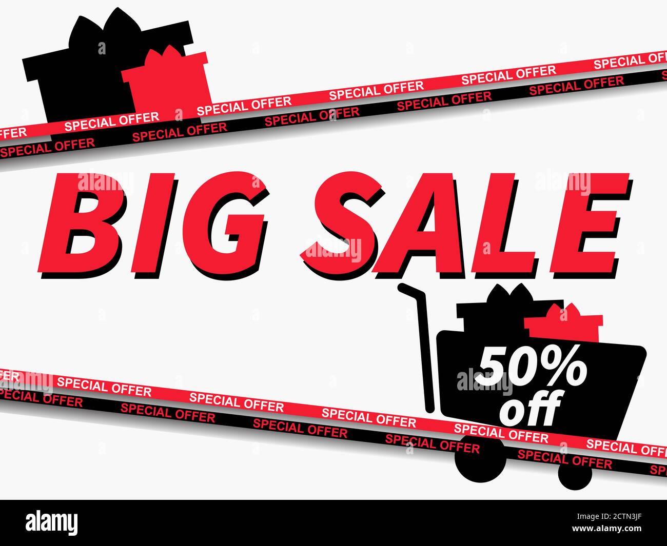 Big sale, special offer 50% off. Sale tape ribbon and shopping cart ...