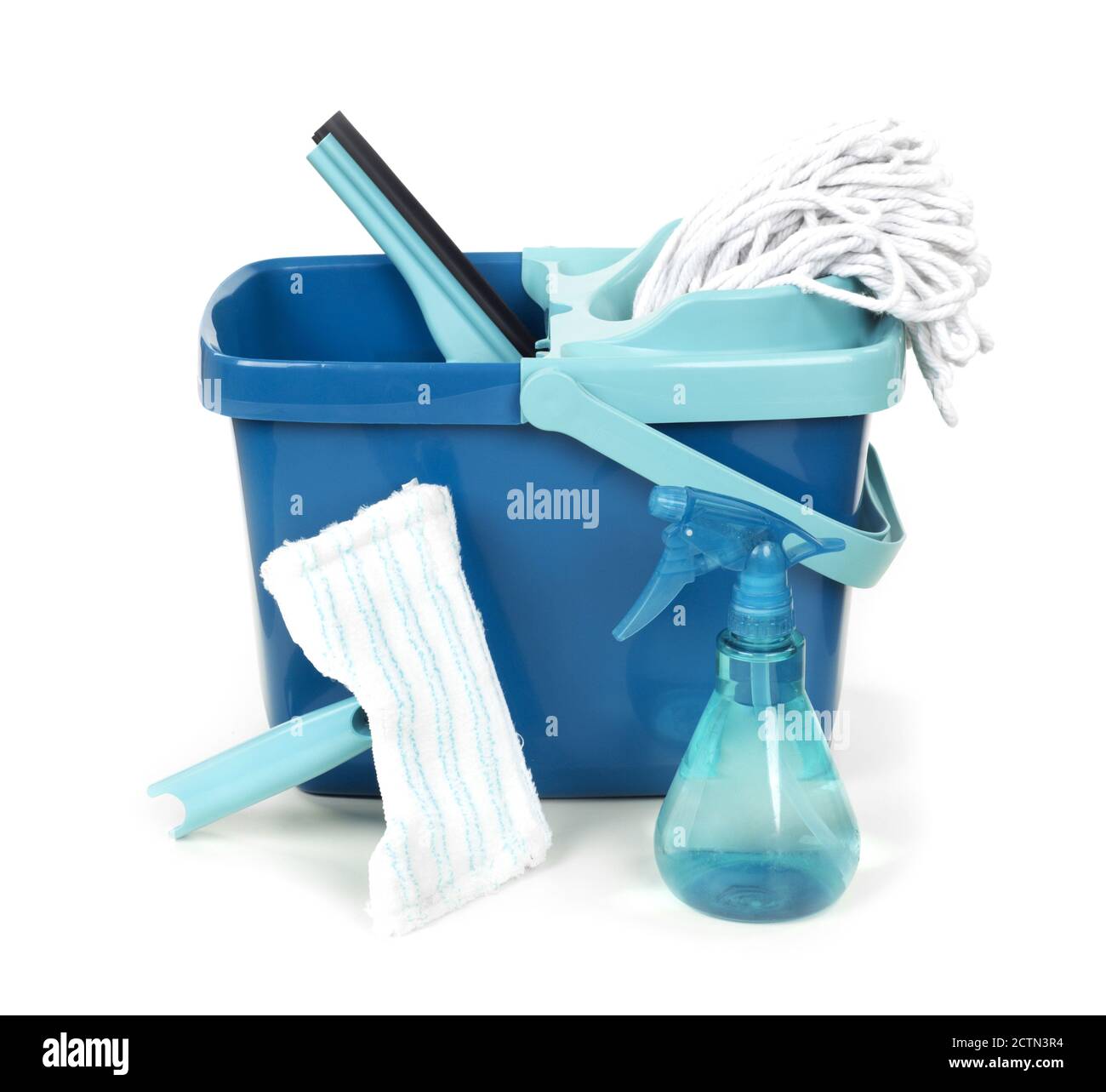 Plastic bucket and cleaning products isolated Stock Photo - Alamy