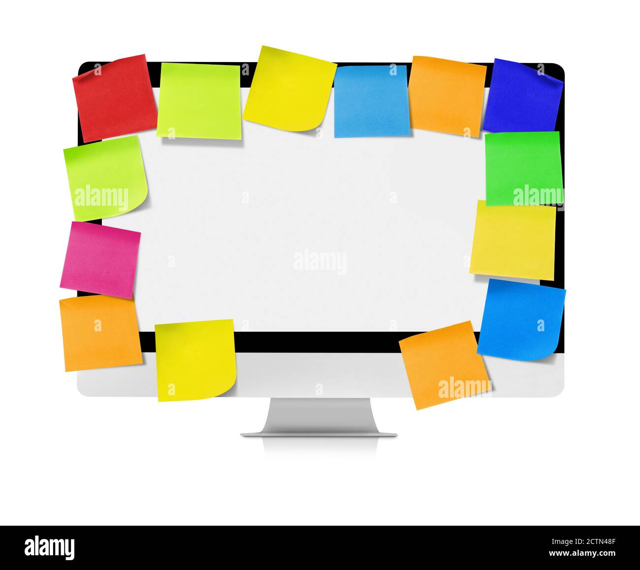 Computer with adhesive notes on screen, white background Stock Photo ...