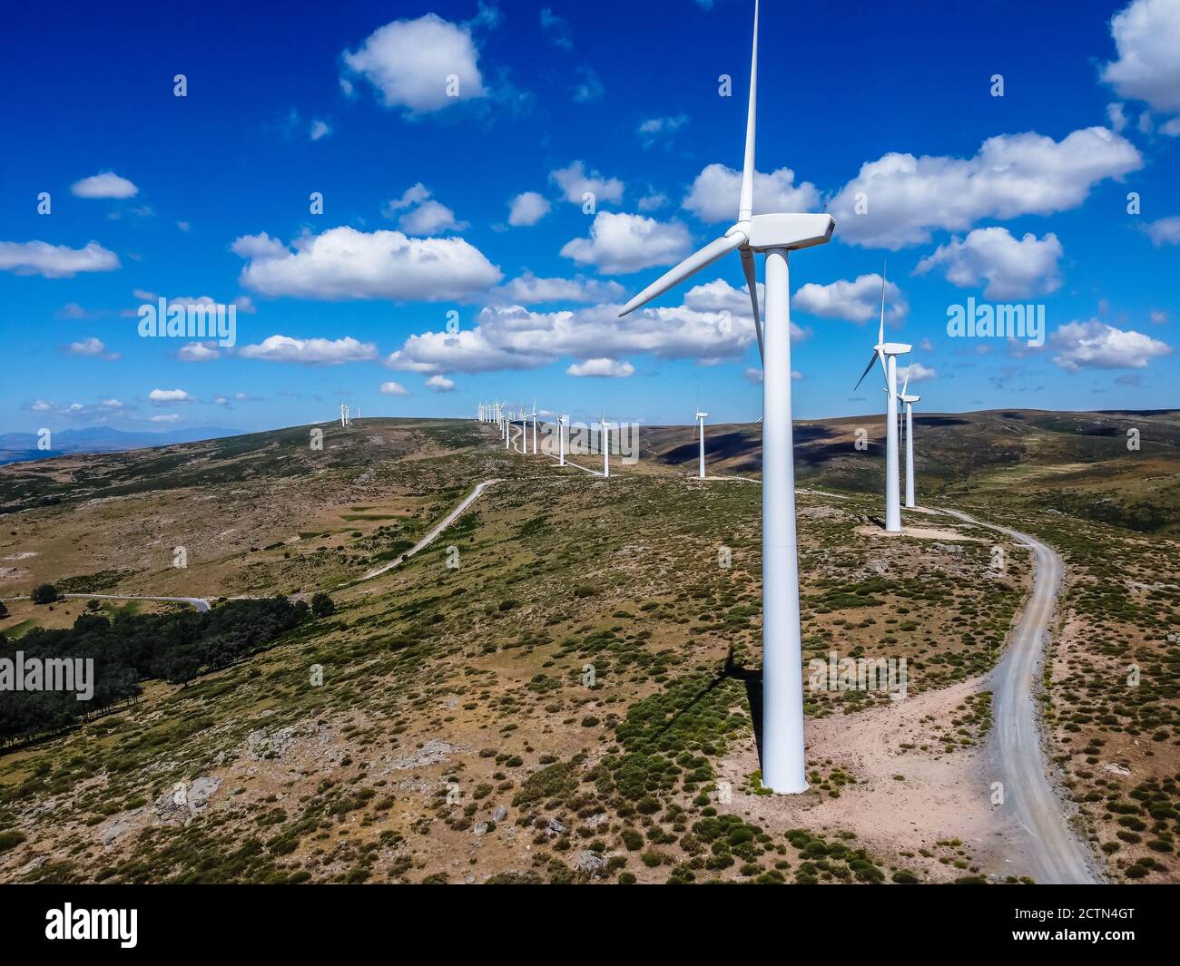 Aerial drone view of wind turbines for power generation. Concept eco ...