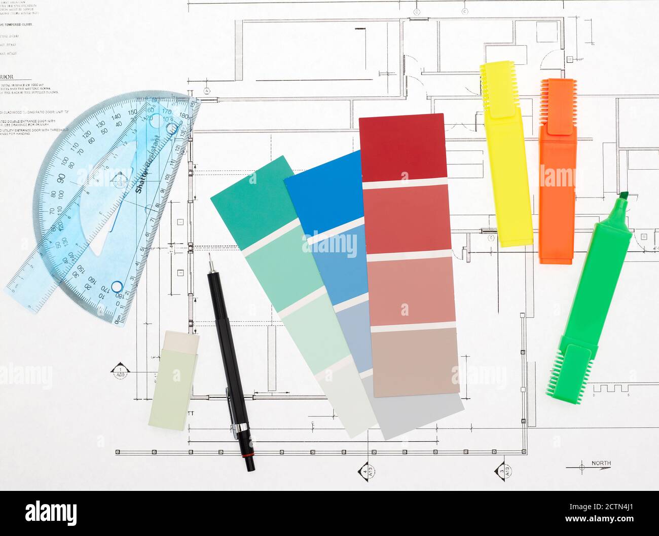 Rulers,color swatches and blueprint Stock Photo - Alamy