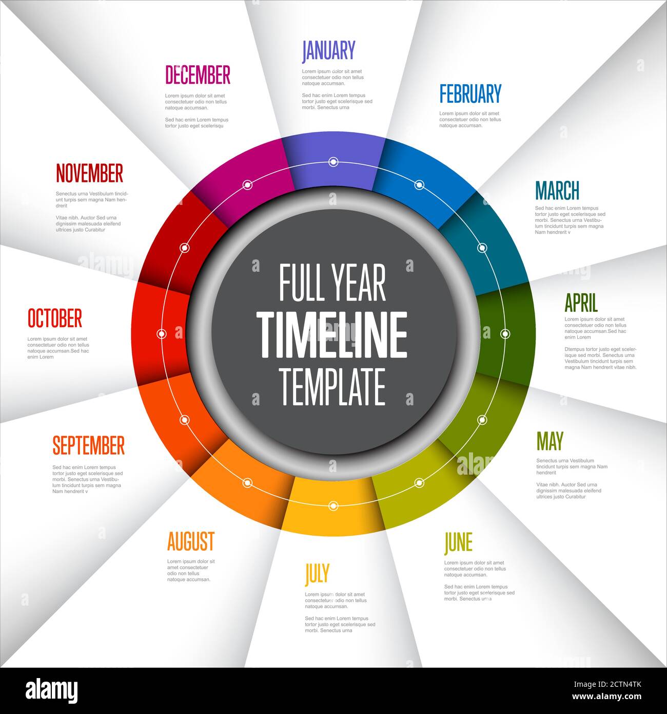 Full year timeline template with all months on circle folded rainbow ...
