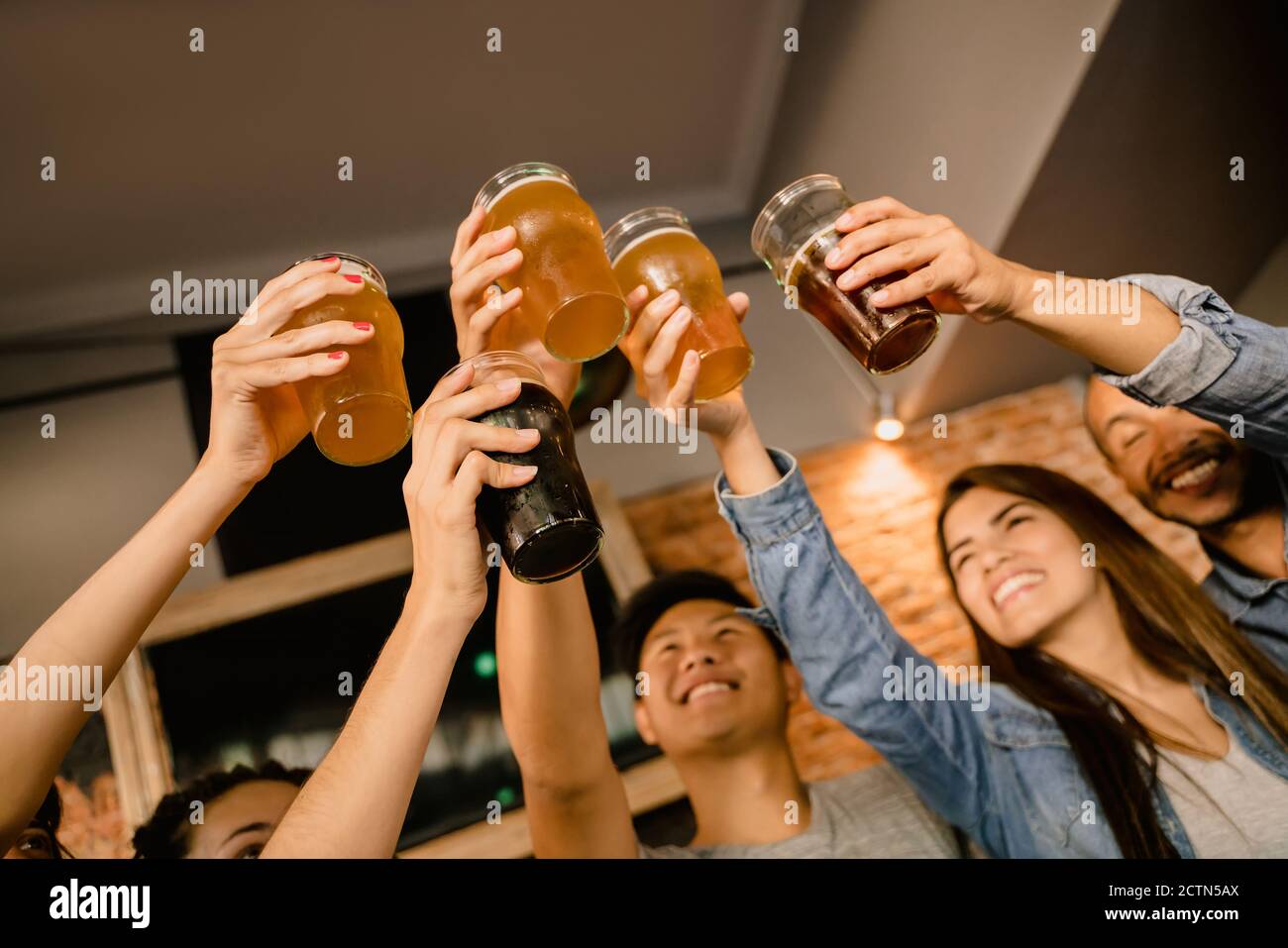 A happy group of international friends toasting in a pub, bar or ...