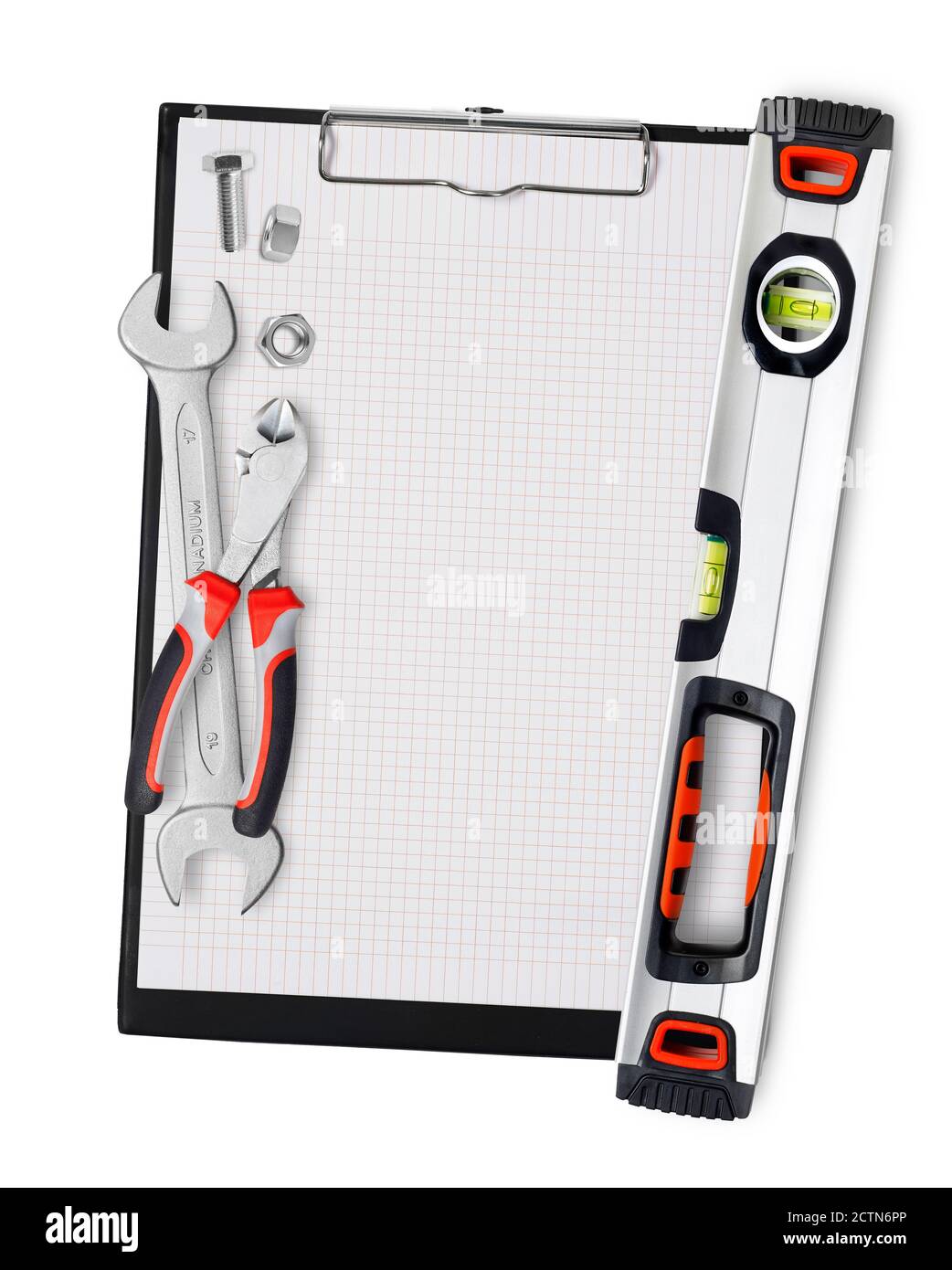 Blank clipboard with tools, white background Stock Photo - Alamy