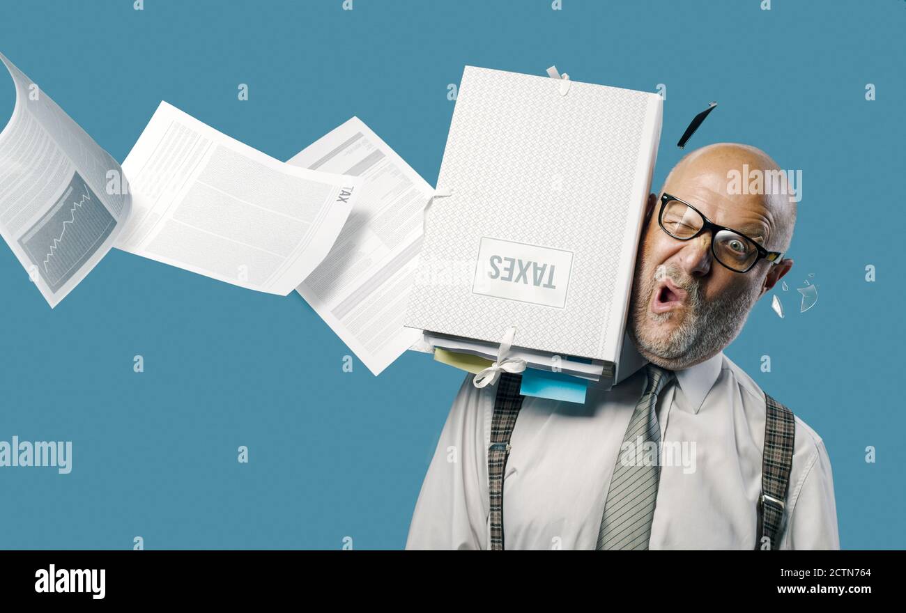 Flying paperwork hitting and hurting a businessman's head, unexpected ...