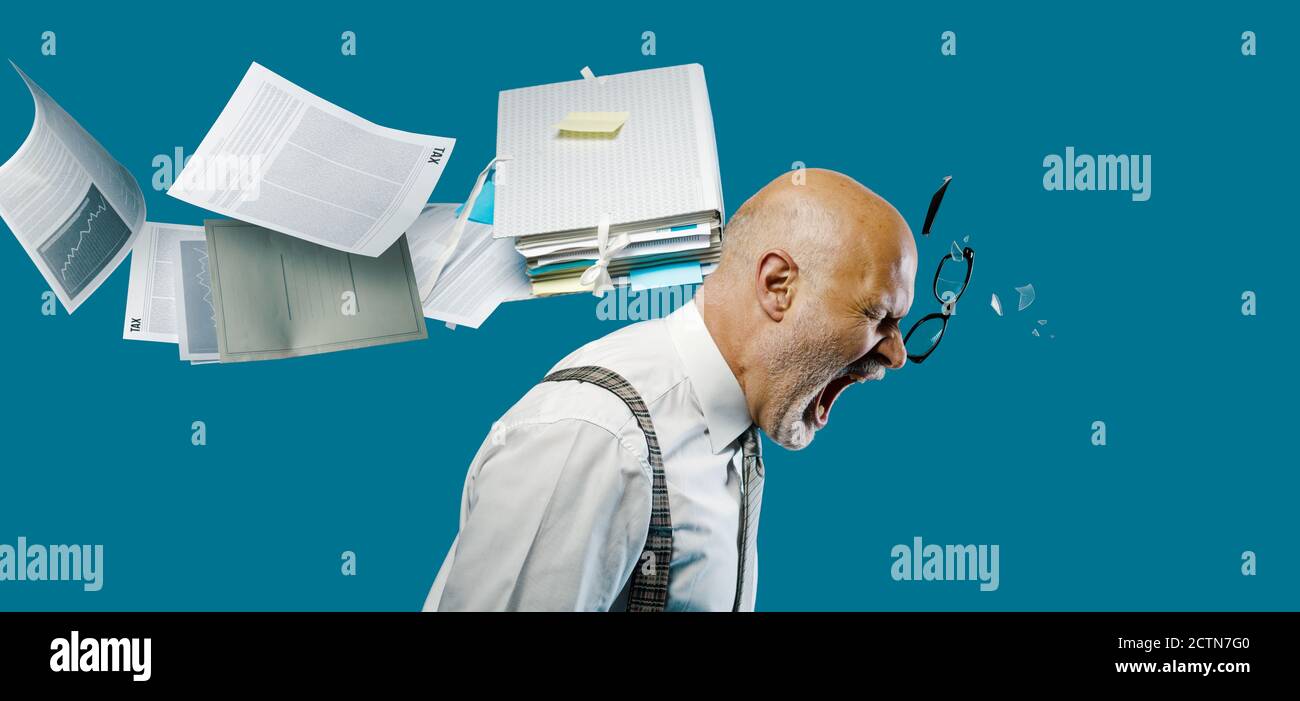 Flying paperwork hitting and hurting a businessman's head, unexpected ...