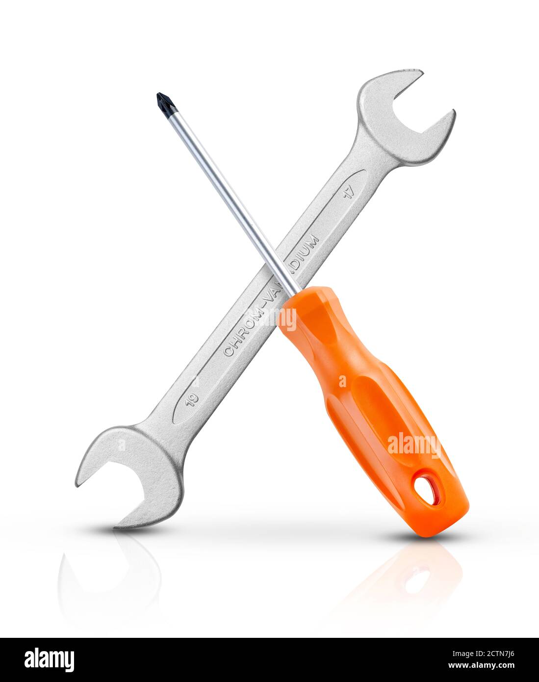 Screwdriver and wrench on white background Stock Photo - Alamy