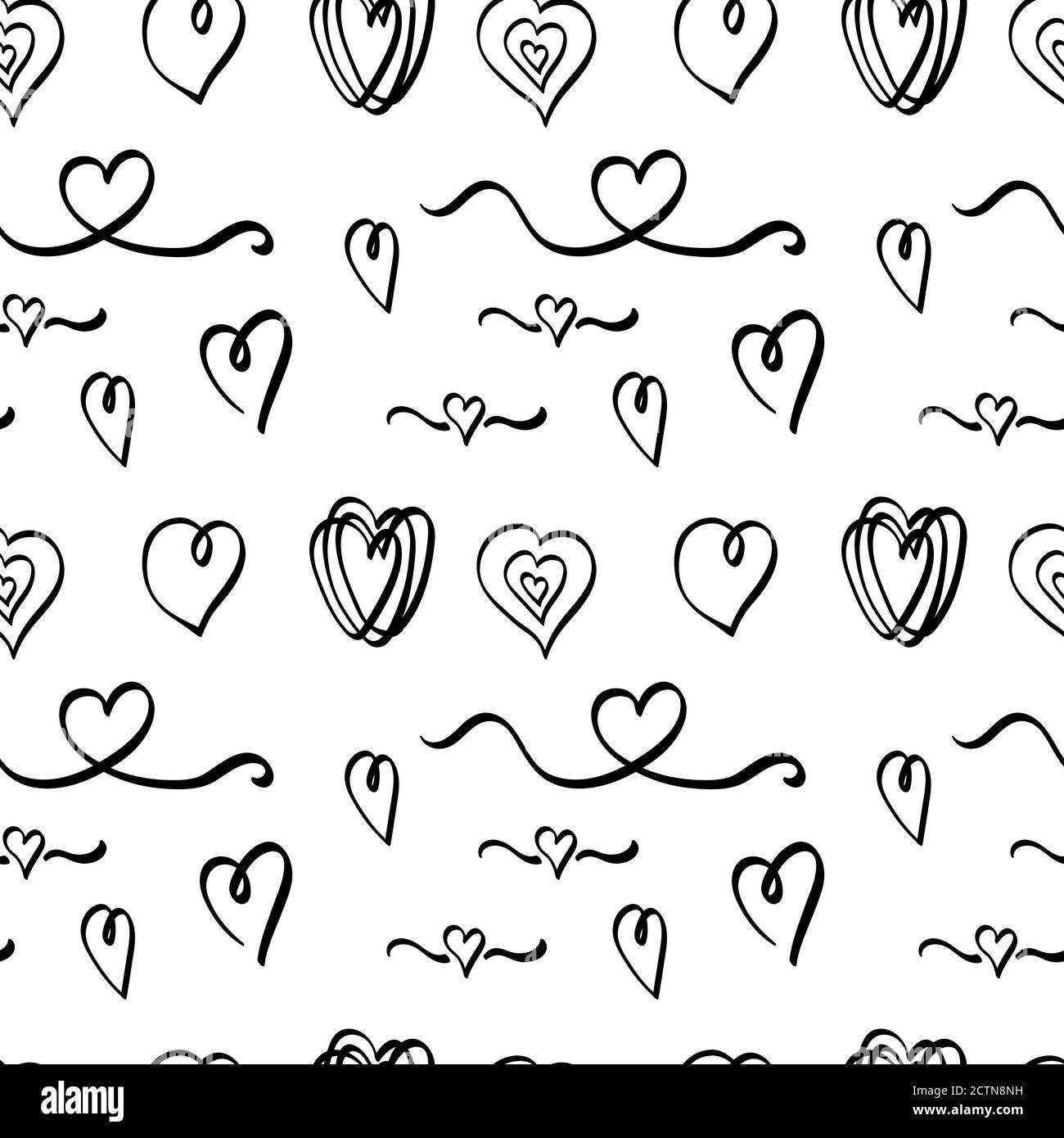 Heart shapes seamless pattern. Doodle black and white drawings for ...