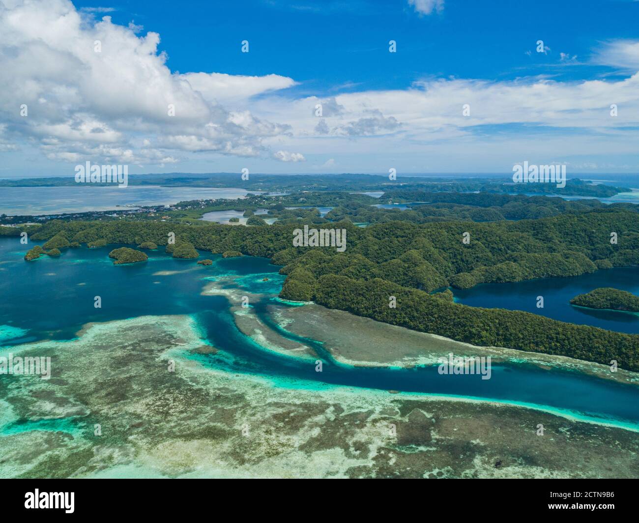 High aerial views of tropical islands and coral reefs in Palau Stock ...