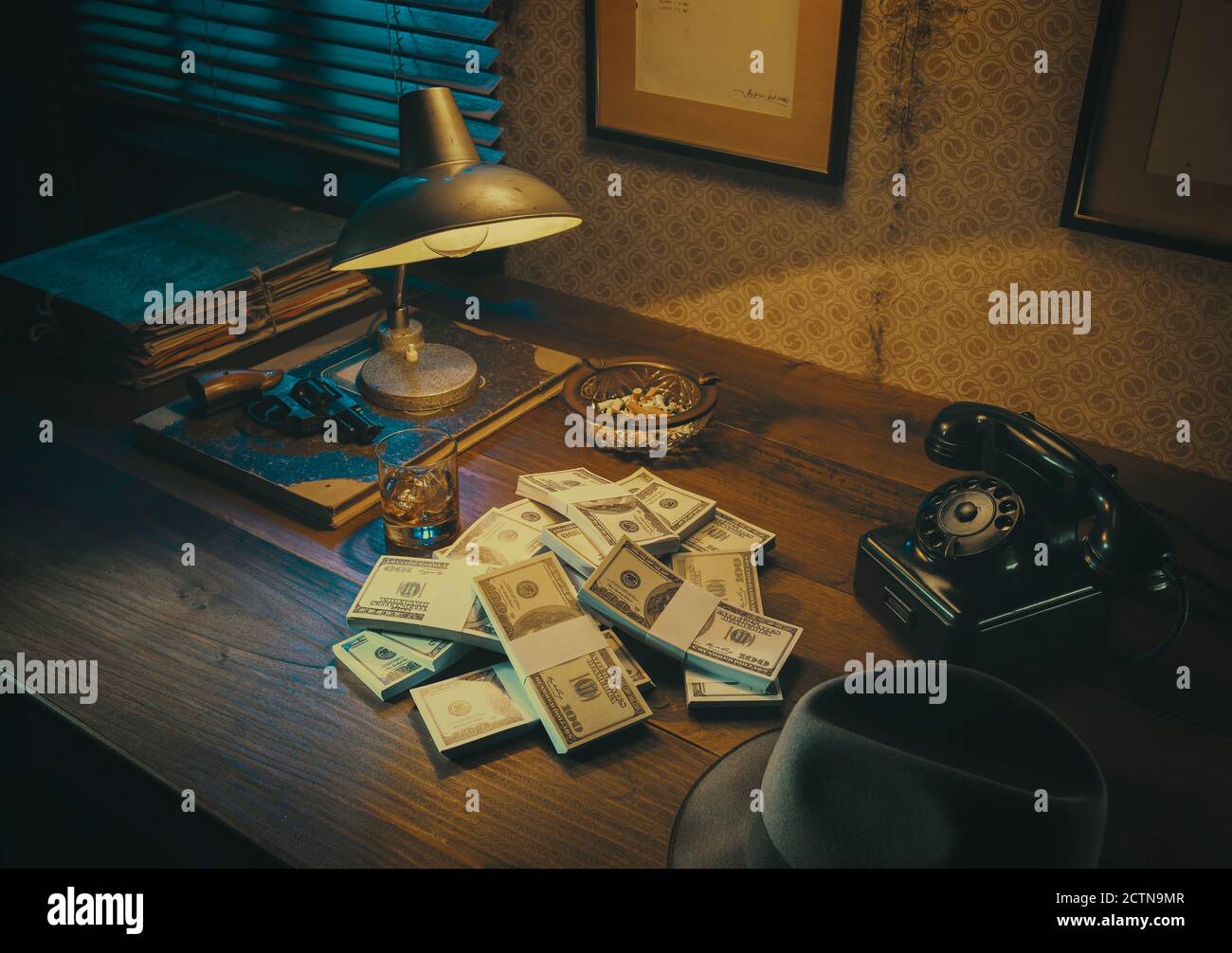 1950s film noir style desktop with revolver and cash money: crime ...