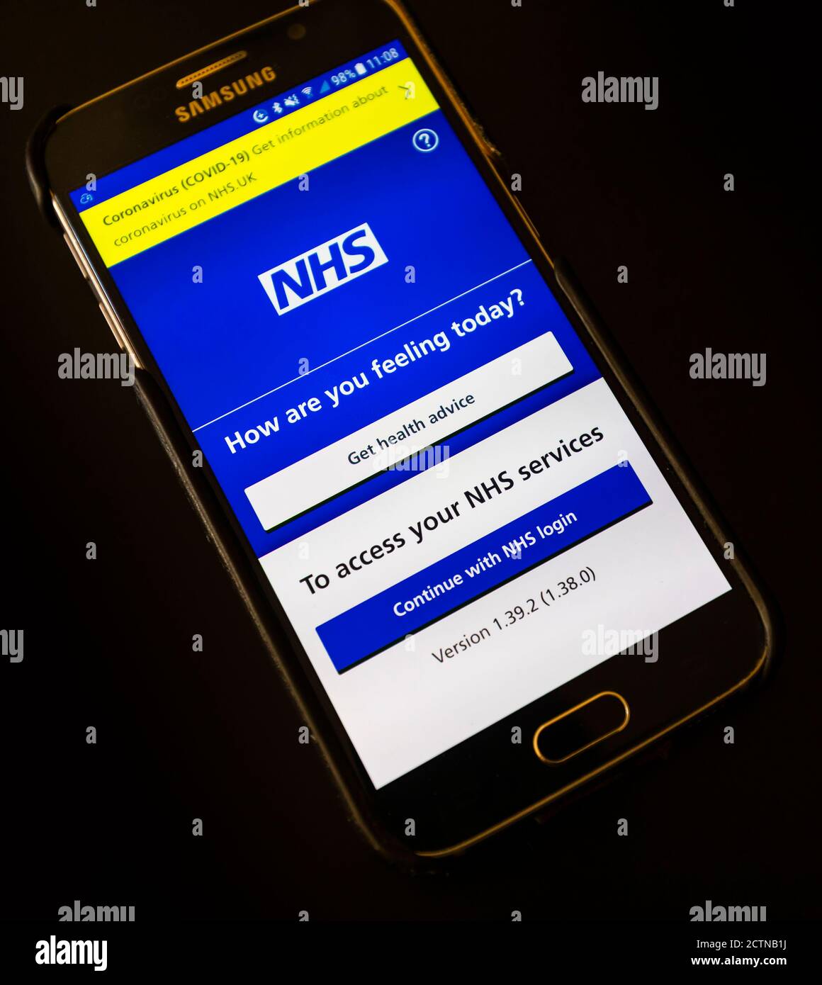 The NHS Track and Trace app home screen seen on the screen of a Samsung ...
