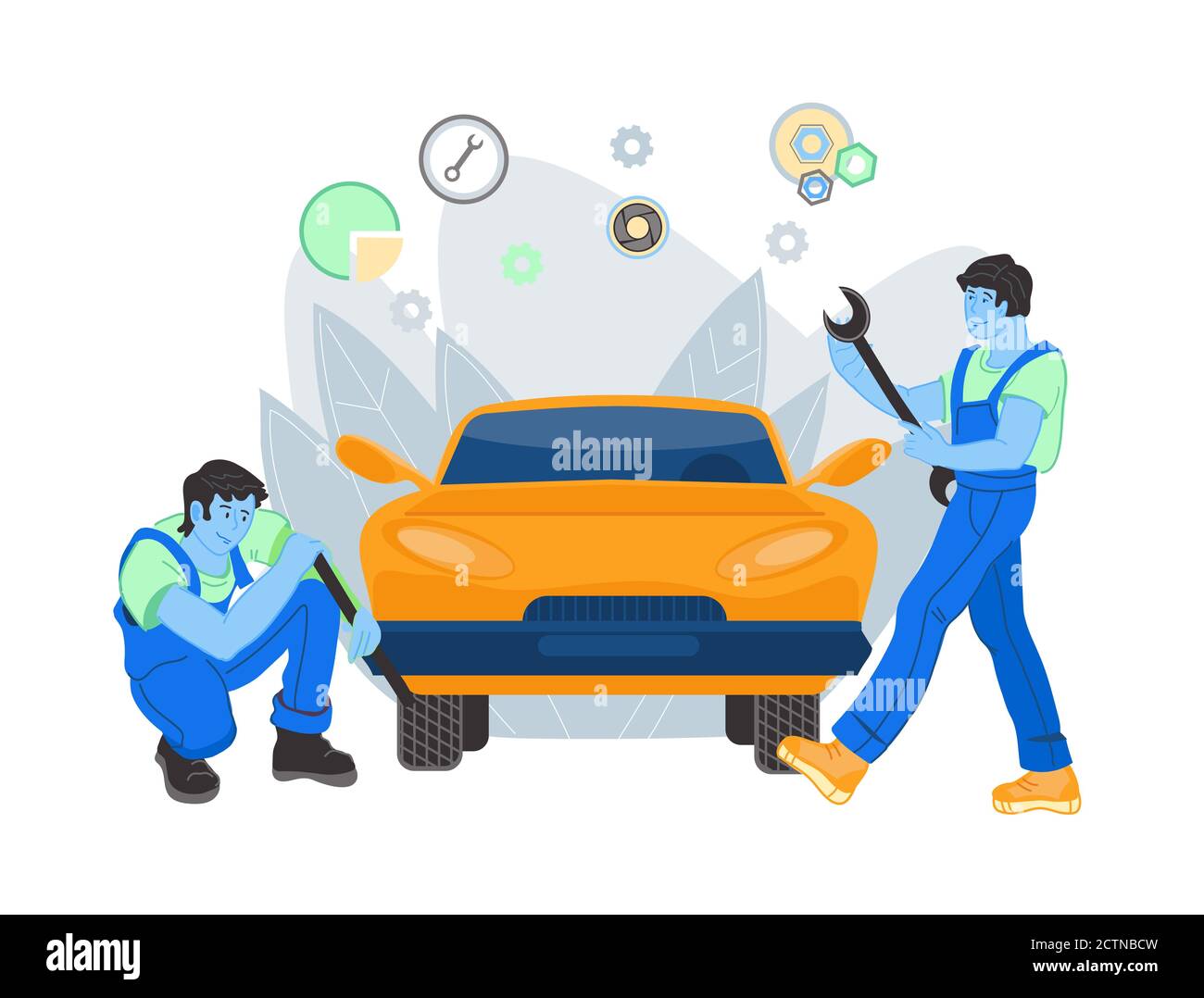 Repairmen of car service fixing automobile, flat vector illustration ...