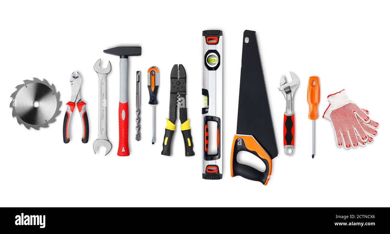 Various work tools on white background Stock Photo - Alamy