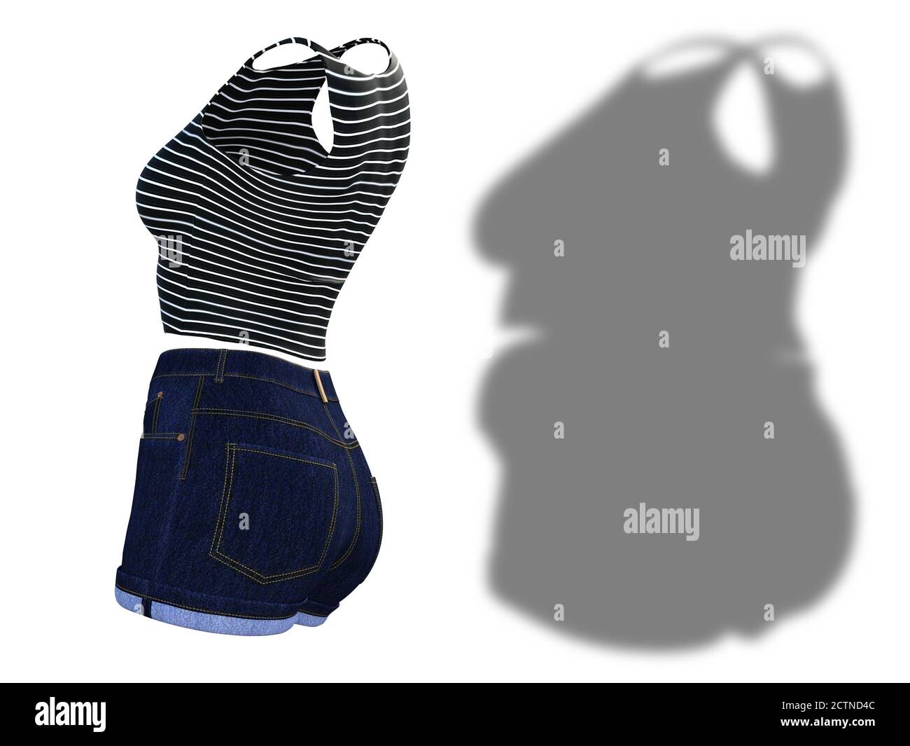 Conceptual fat overweight obese shadow female clothes outfit vs slim ...