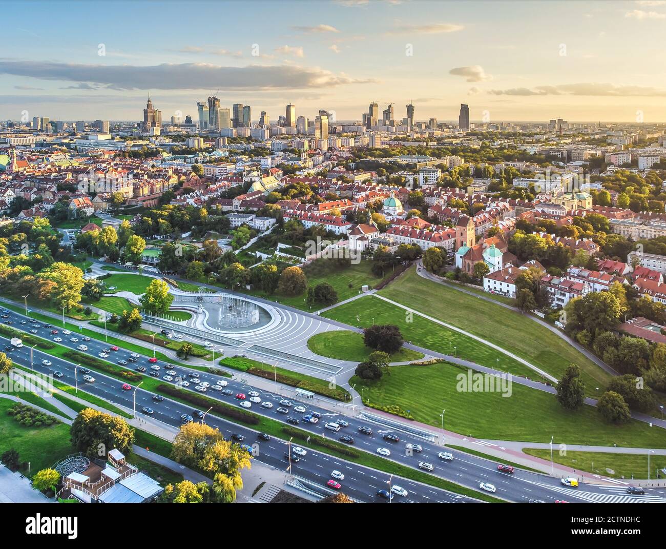 Old town with modern city downtown in a background. Drone, aerial view ...