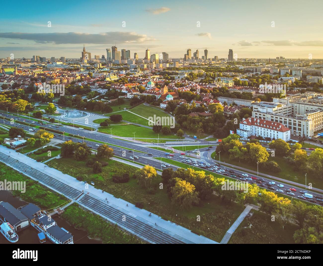 Old town with modern city downtown in a background. Drone, aerial view ...