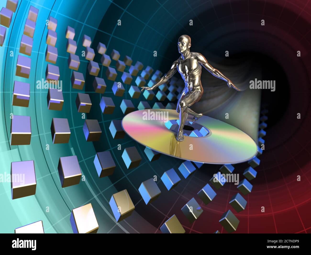 Android surfing on a compact disc. Digital illustration Stock Photo - Alamy