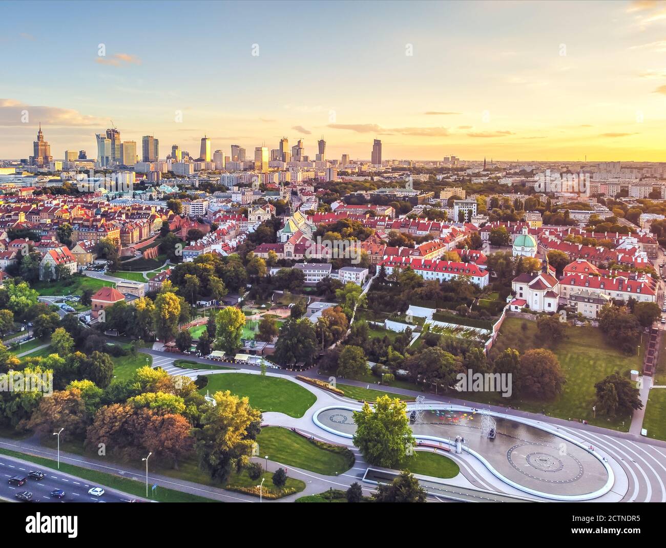 Old town with modern city downtown in a background. Drone, aerial view ...