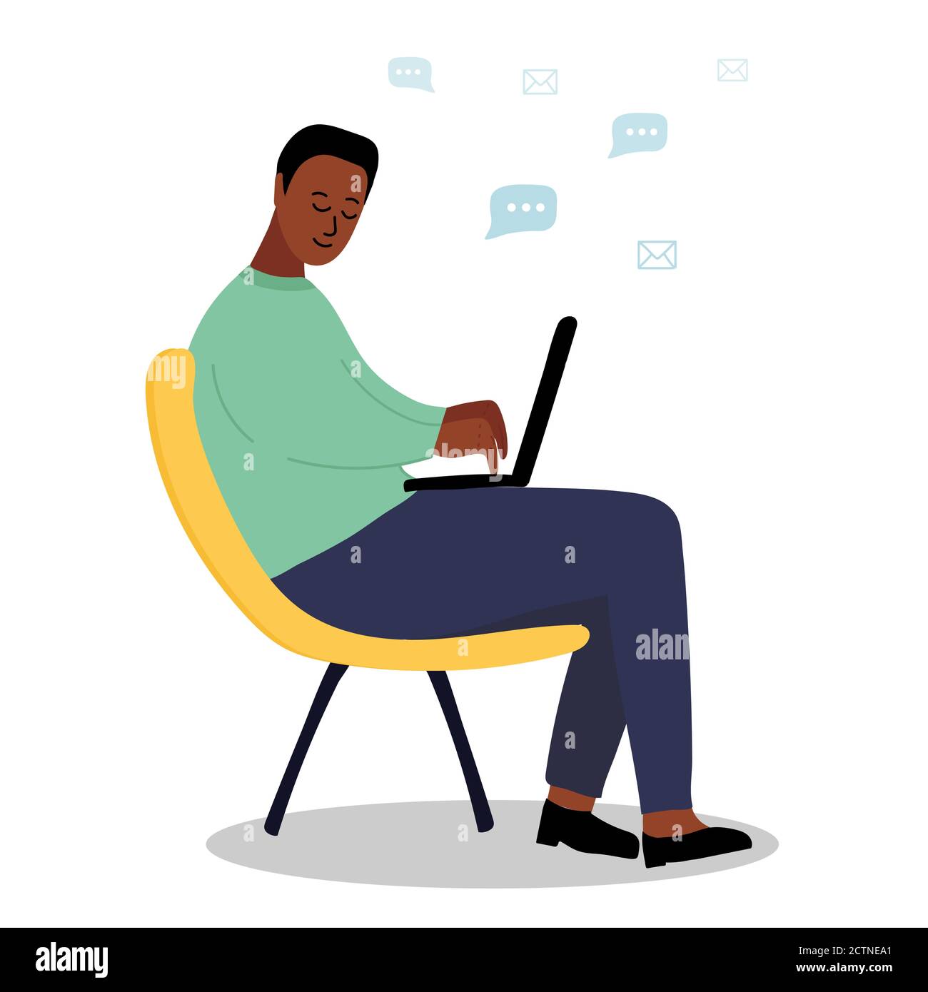 Black african Man sits and works with laptop. Concept of online courses ...
