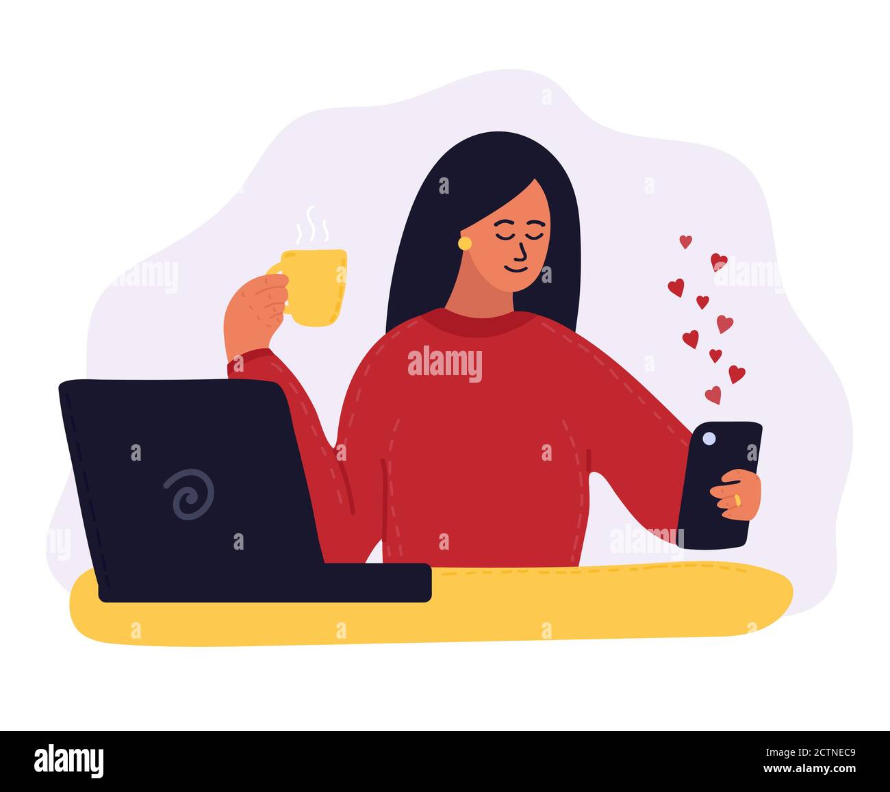 young woman sits with laptop and smartphone. Blogging, remote work ...