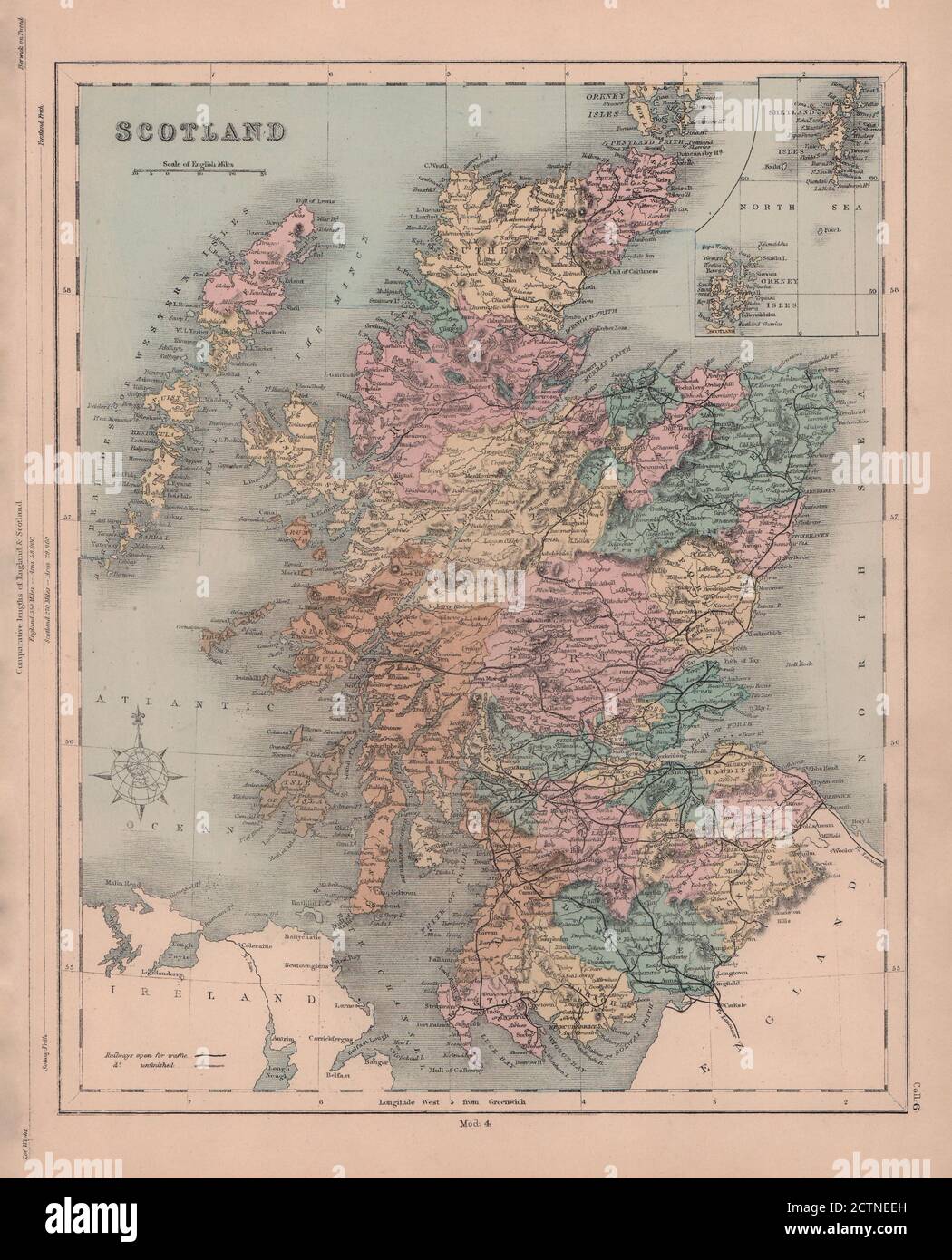 Scotland with counties and railways. HUGHES 1876 old antique map plan ...