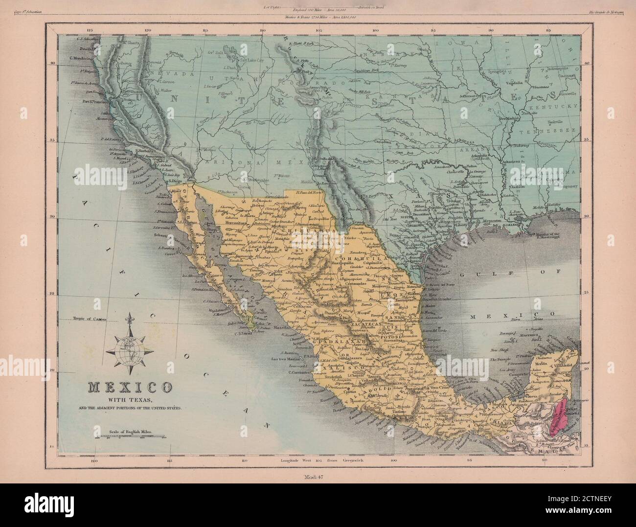 Mexico with Texas and the southern United States. HUGHES 1876 old ...