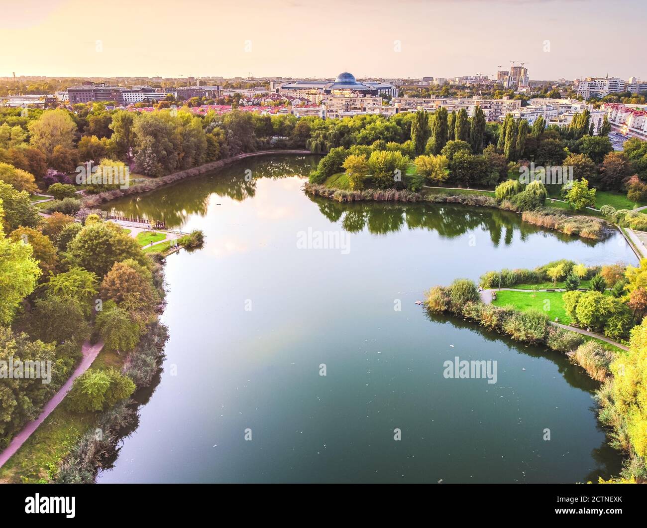 Park with large lake in the big, capital city. Drone, aerial view Stock ...