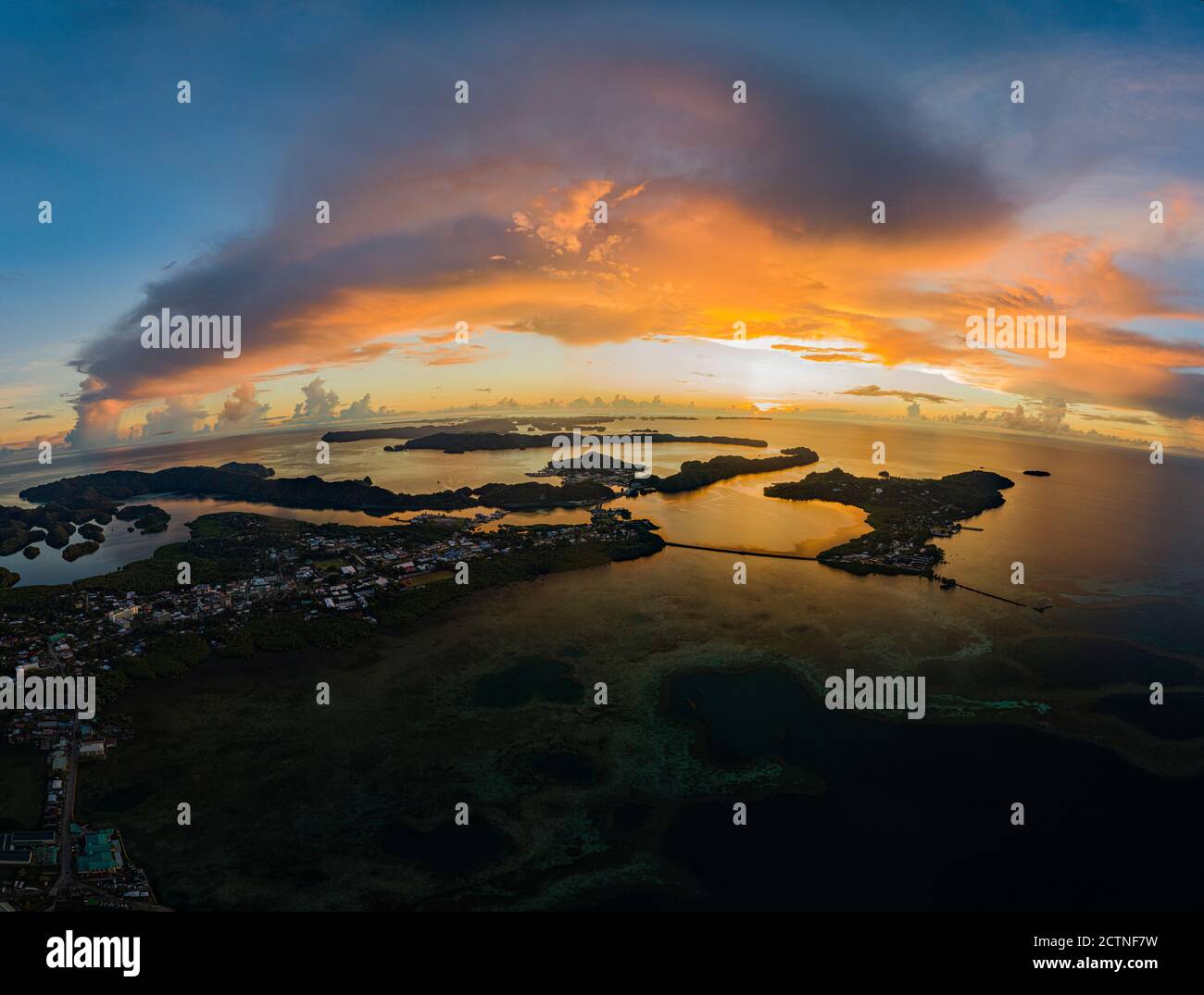 Wide panoramic aerial shot of islands of Palau at sunset Stock Photo ...