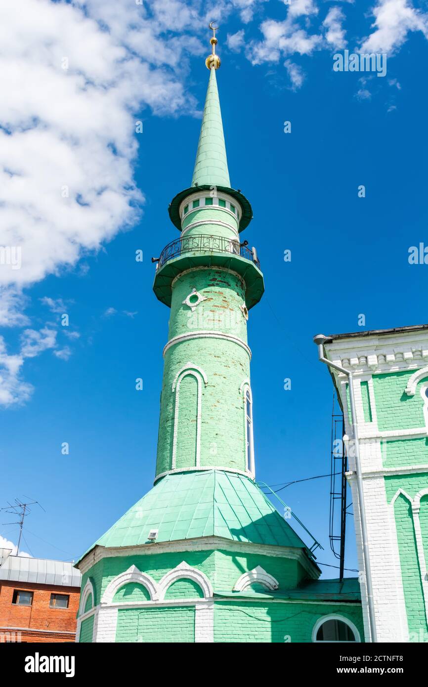 Kazan, Russia – June 28, 2017. Minaret of the Soltanov mosque in Kazan ...