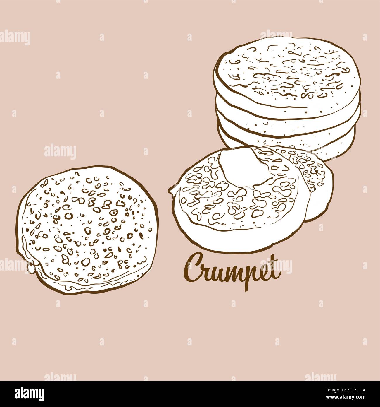 Hand-drawn Crumpet bread illustration. Flatbread, usually known in ...