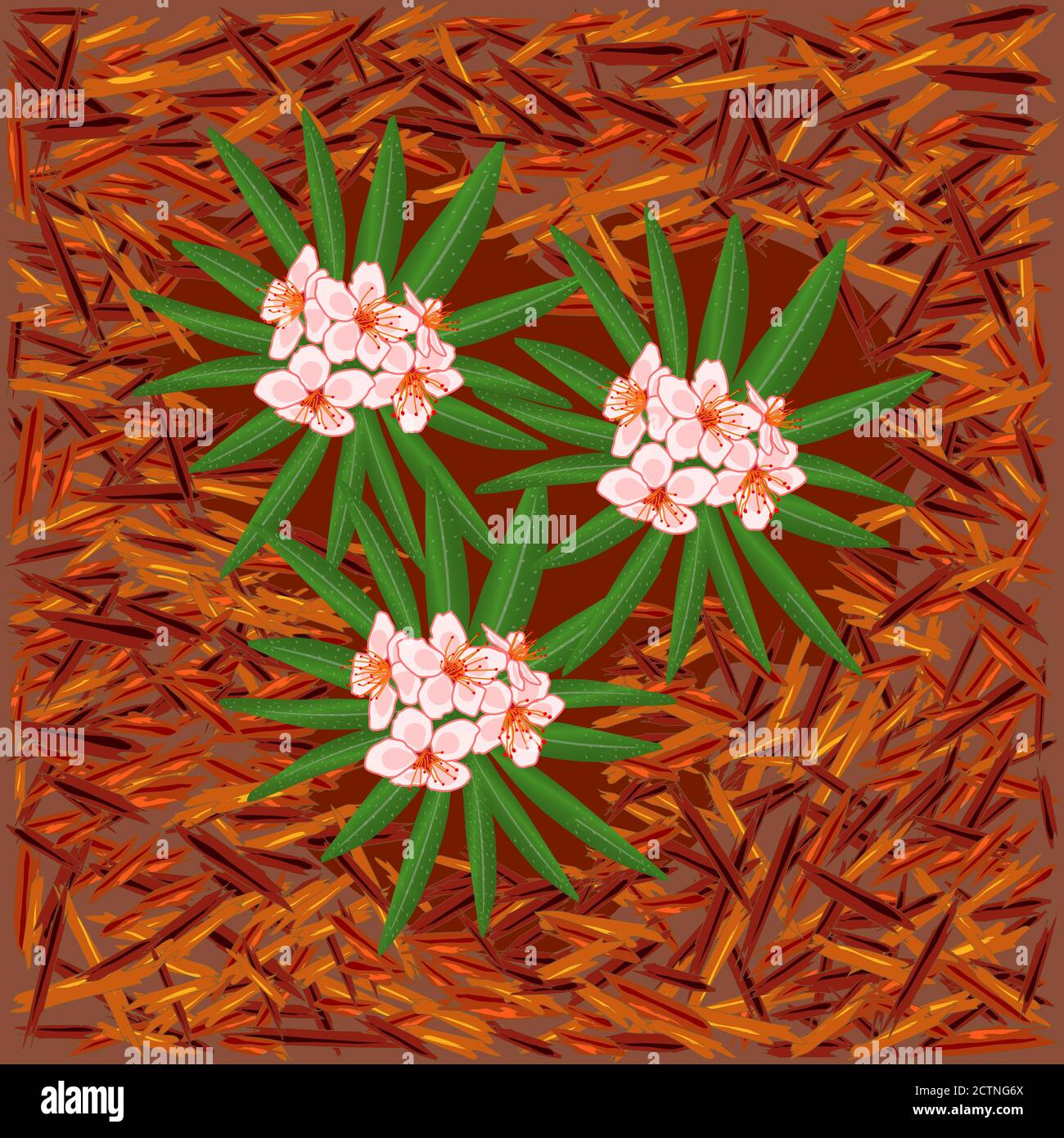 Red mulch and flowers. Bright mulch for flower beds using natural pine ...