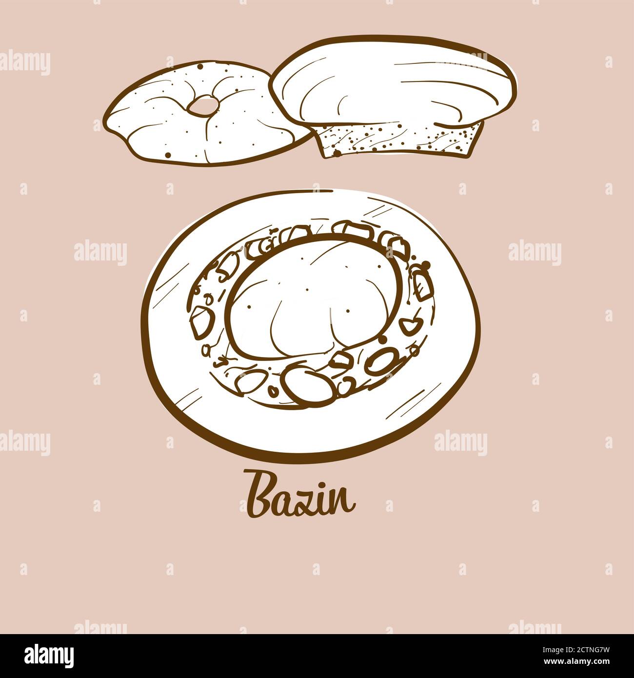 Hand-drawn Bazin bread illustration. Flatbread, usually known in Libya ...