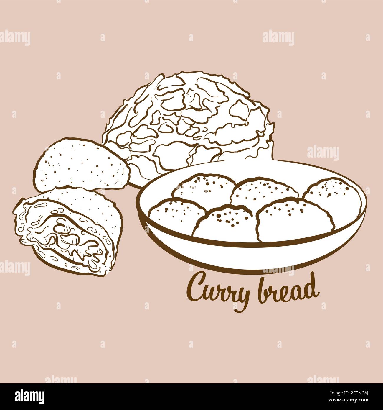 Hand-drawn Curry bread bread illustration. Bun, usually known in Japan ...