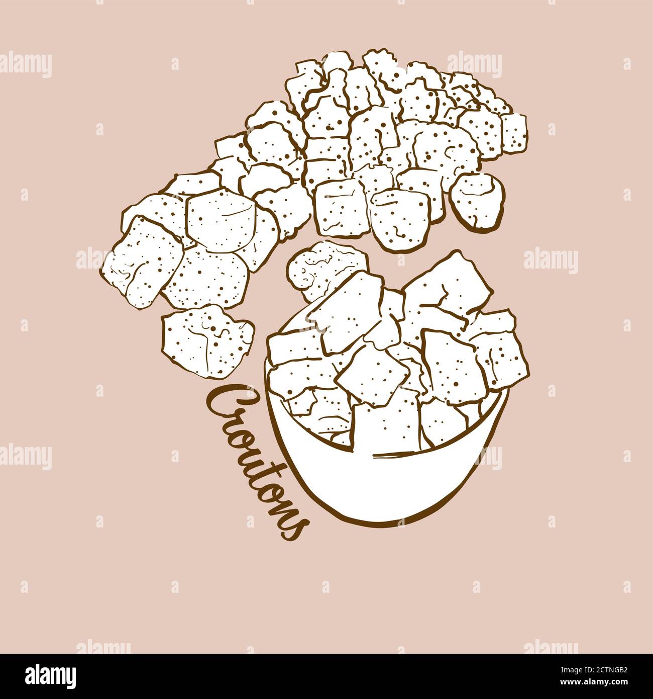 Hand-drawn Croutons bread illustration. Crispy bread, usually known in ...