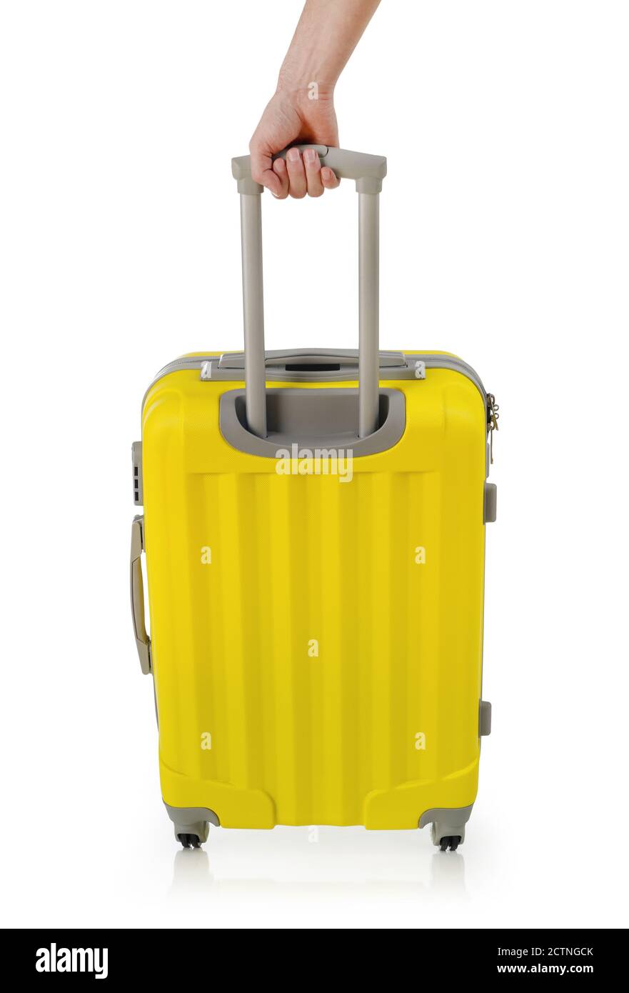 Hand with suitcase isolated on white Stock Photo - Alamy